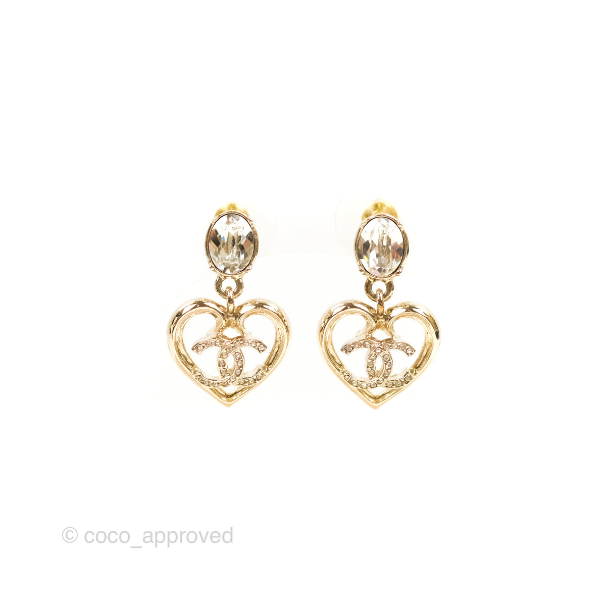 Chanel Crystal CC Heart Drop Earrings Gold Tone 23C – Coco Approved Studio