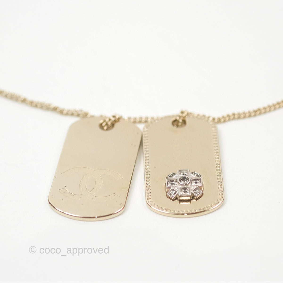 Chanel Dog Tag Charm Crystal Necklace Gold Tone 20P – Coco Approved Studio