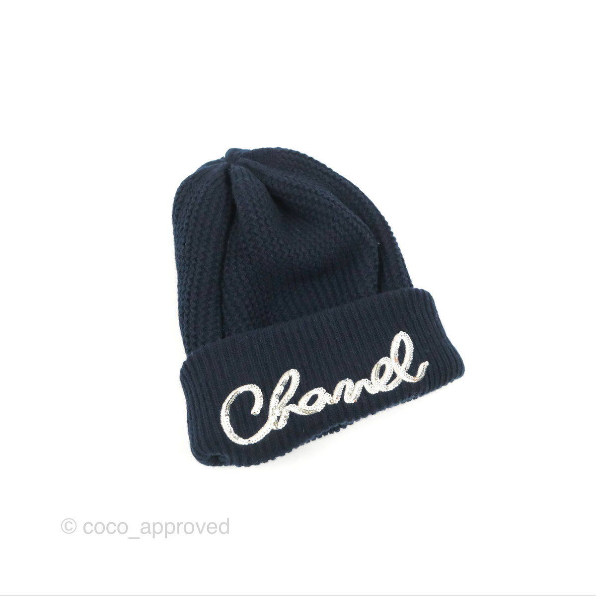 Chanel Silver Sequin Logo Navy Cashmere Beanie – Coco Approved Studio