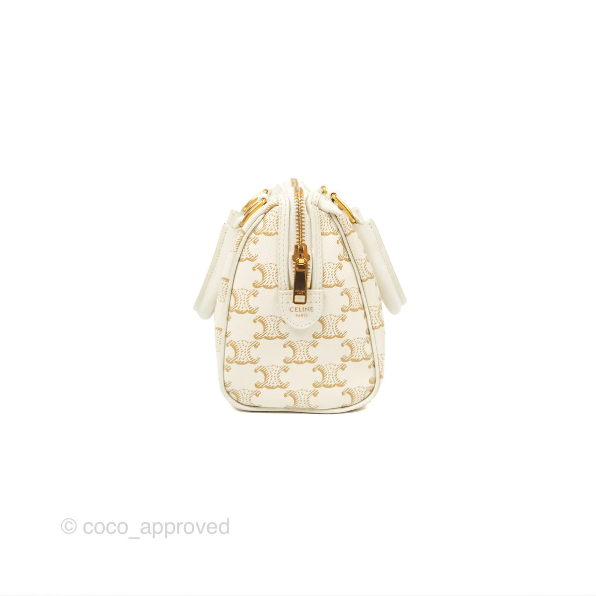 Celine Small Boston Bag White Triomphe Canvas Calfskin – Coco Approved ...