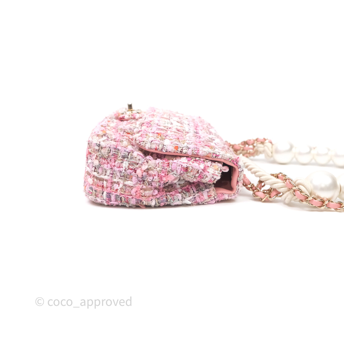 Chanel Pink Tweed Flap Bag With Large Pearl Handle Gold Hardware – Coco ...
