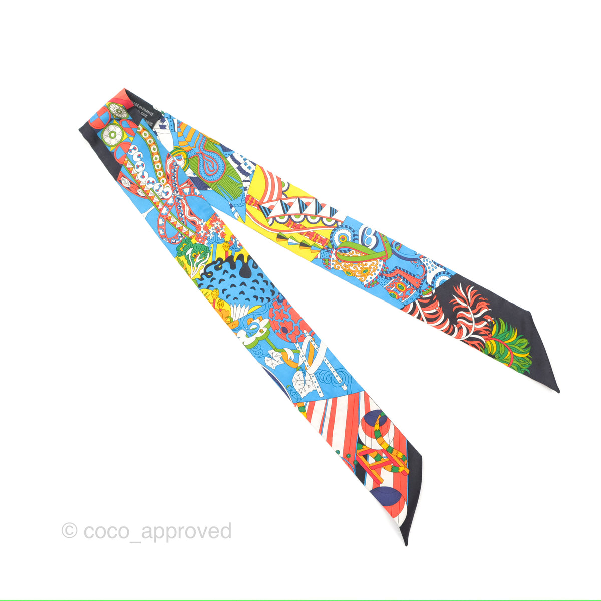 Hermes De l'Ombrelle Aux Duels Sticker Silk Twilly Black/ Bleu/ Jaune ...