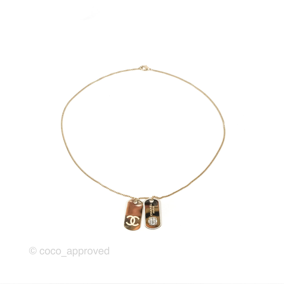 Chanel Dog Tag Charm Crystal Necklace Gold Tone 20P – Coco Approved Studio