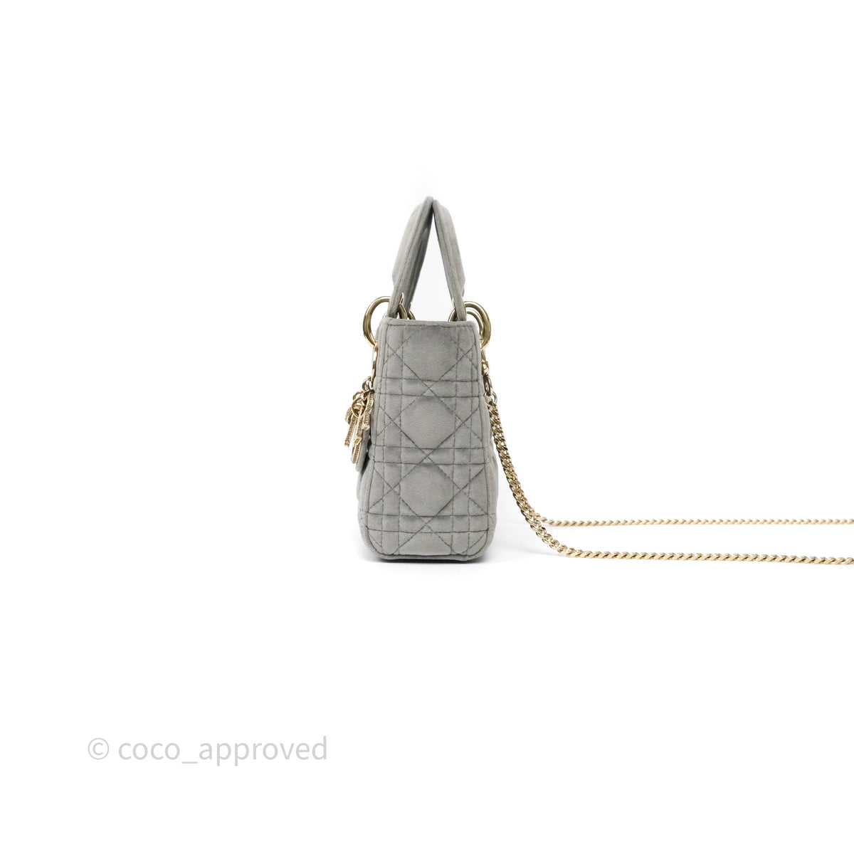 Dior Mini Lady Dior Grey Velvet Cannage Crystal Charms Gold Hardware ...