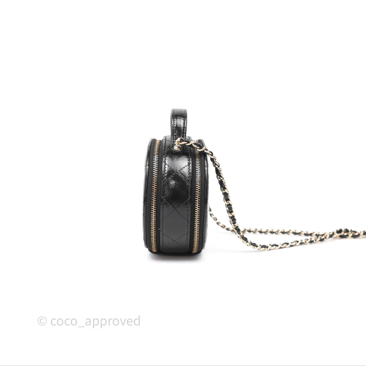 Chanel Mini Round Vanity Bag Handle With Care Black Glazed Lambskin Go ...