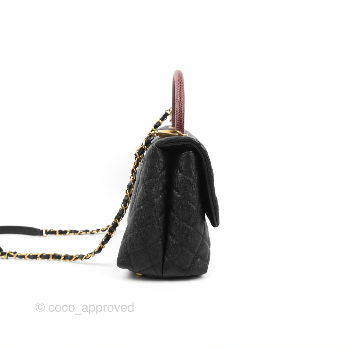 Chanel Medium Coco Handle Quilted Black Caviar Lizard Handle Gold Hard ...