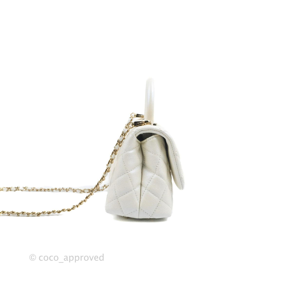 Chanel Mini Coco Handle Quilted Iridescent Pearl White Caviar Gold Har ...