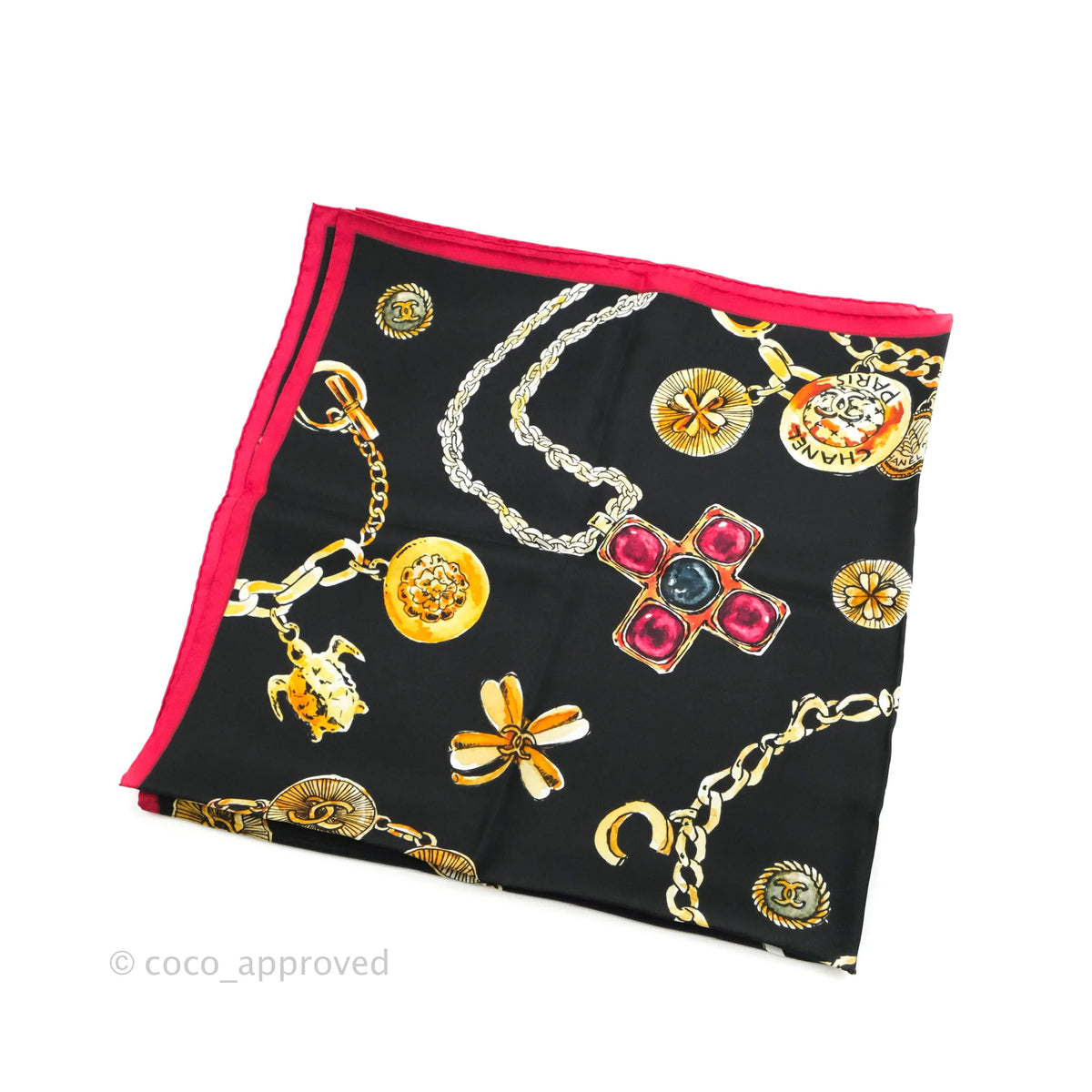 Chanel Square Silk Scarf Pink, Gold & Black – Coco Approved Studio