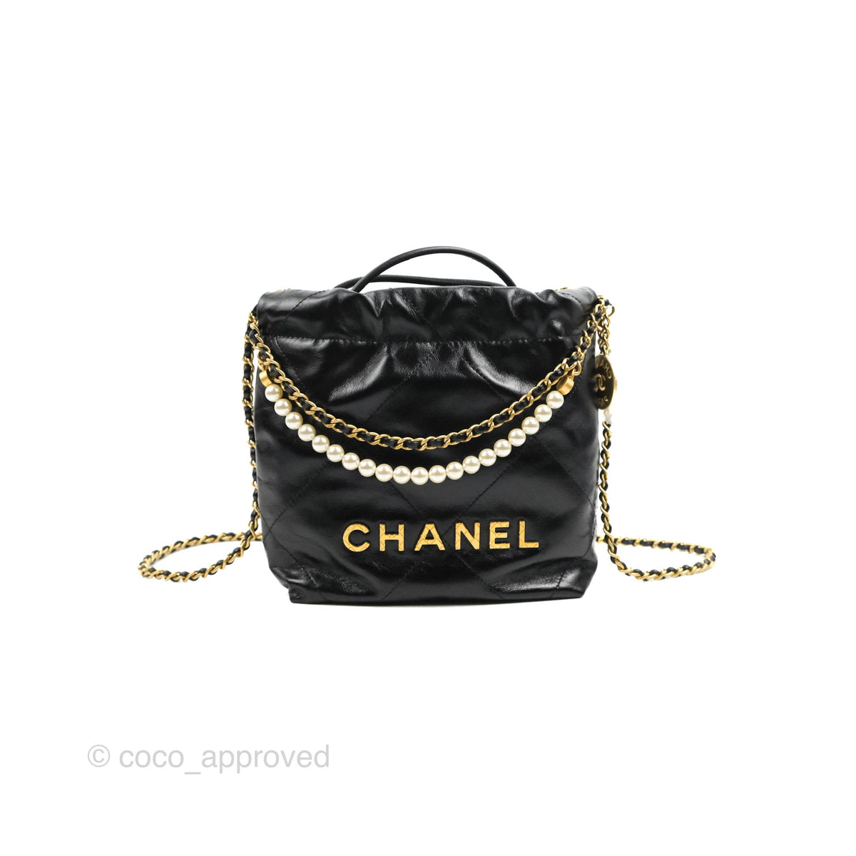Chanel 22 Mini Bag with Pearl Chain Black Shiny Crumpled Calfskin ...