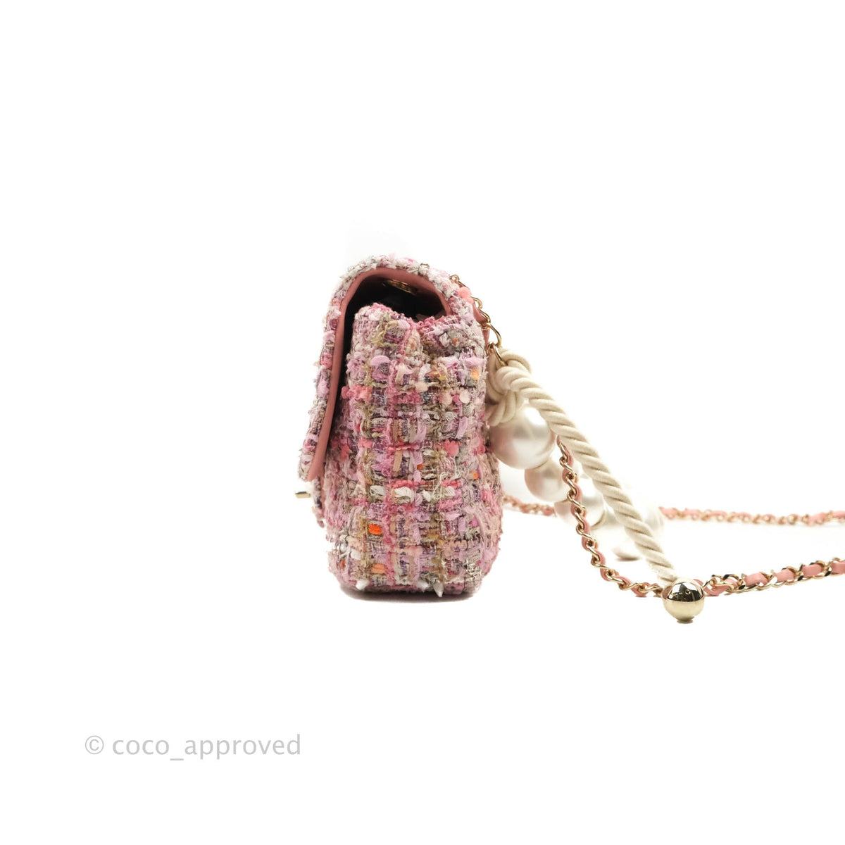 Chanel Medium Pink Tweed Flap Bag With Large Pearl Handle Gold Hardwar ...
