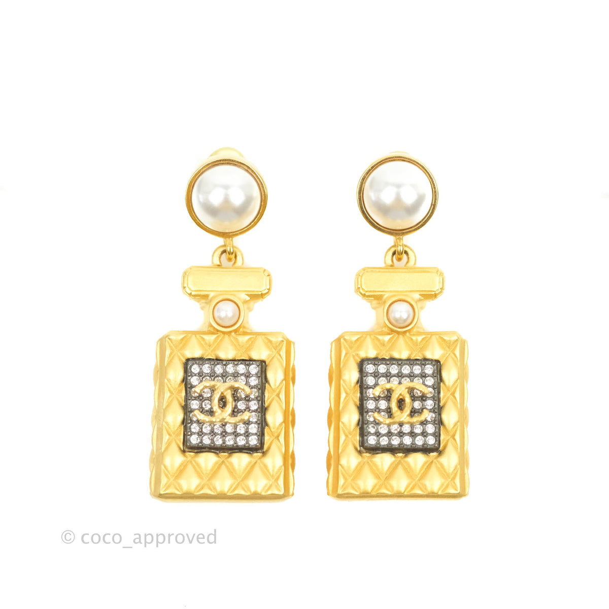 Chanel Pearl Crystal No5 Parfum Drop Earrings Gold Tone 21V – Coco ...