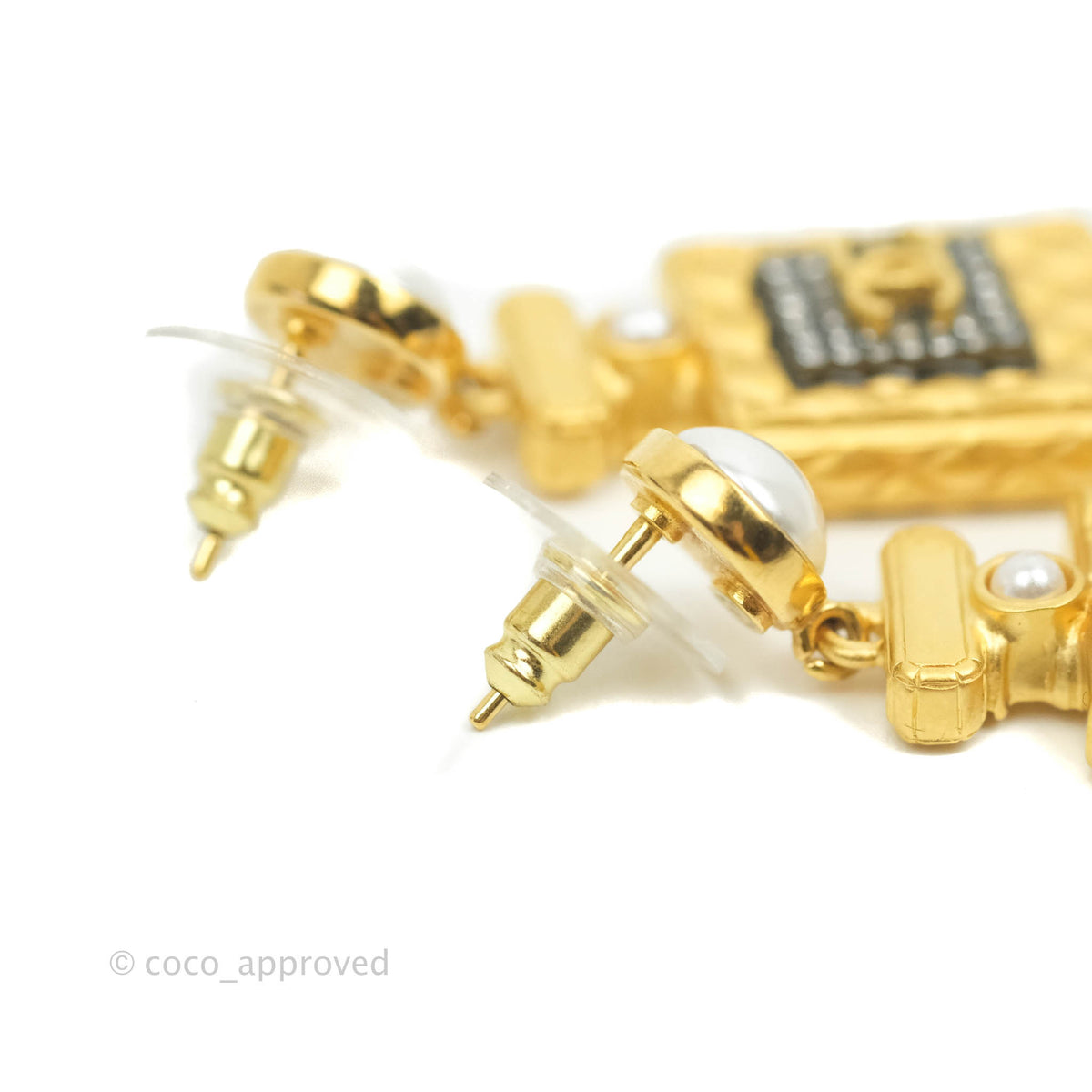Chanel Pearl Crystal No5 Parfum Drop Earrings Gold Tone 21V – Coco ...