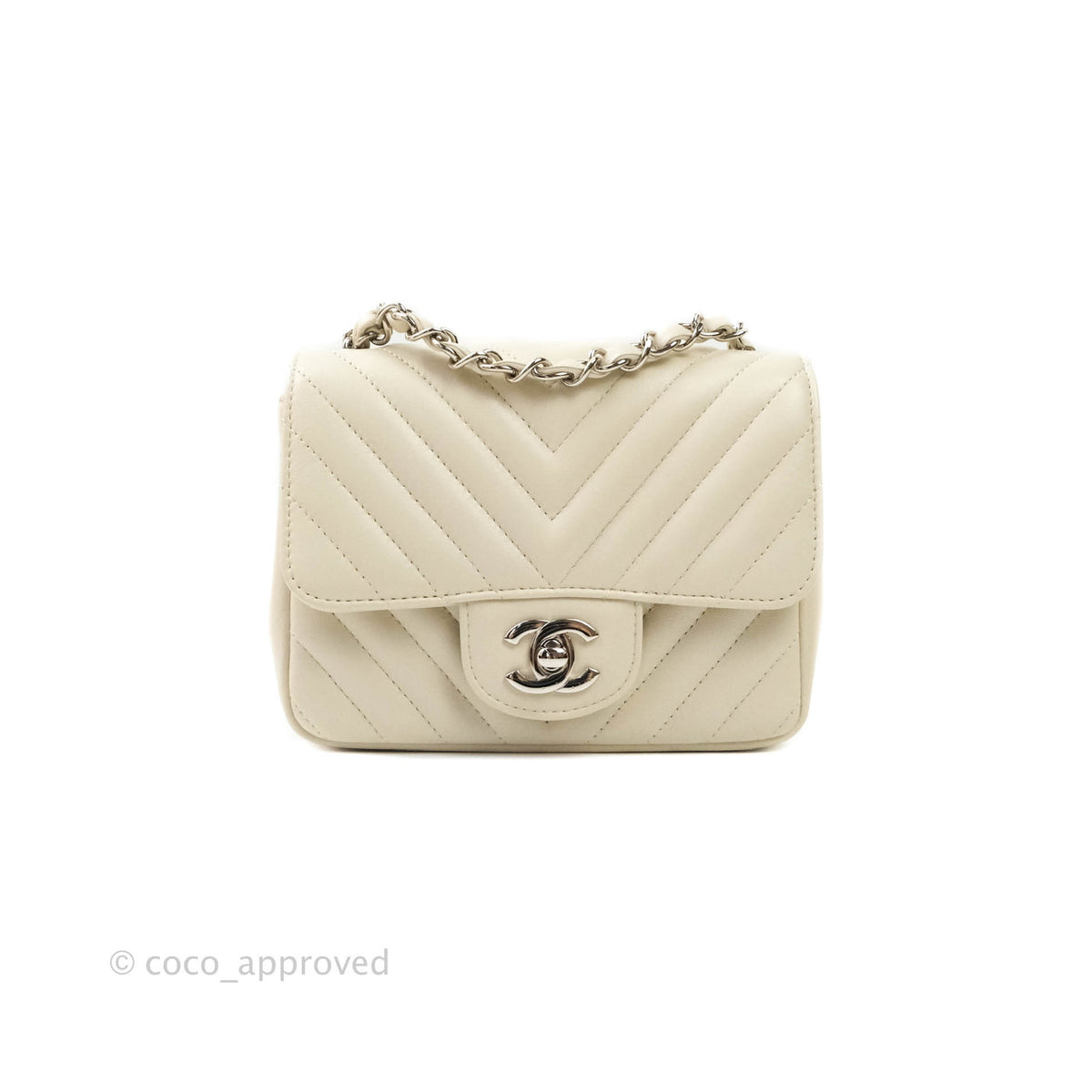 Chanel Mini Square Chevron White Ivory Lambskin Silver Hardware – Coco ...